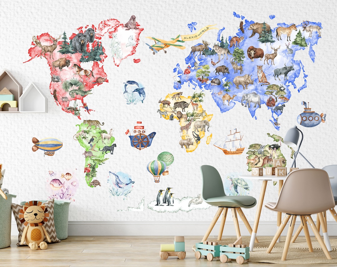 World Map Wall Decal, Personalized Wall Decal, Kids Name Wall Decal ...