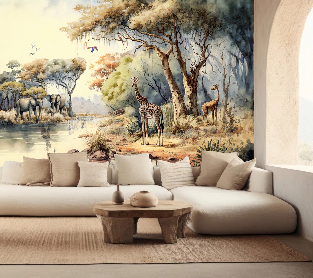 Safari Landscape Wallpaper, Safari Wall Mural, Peel and Stick, Wildlife ...