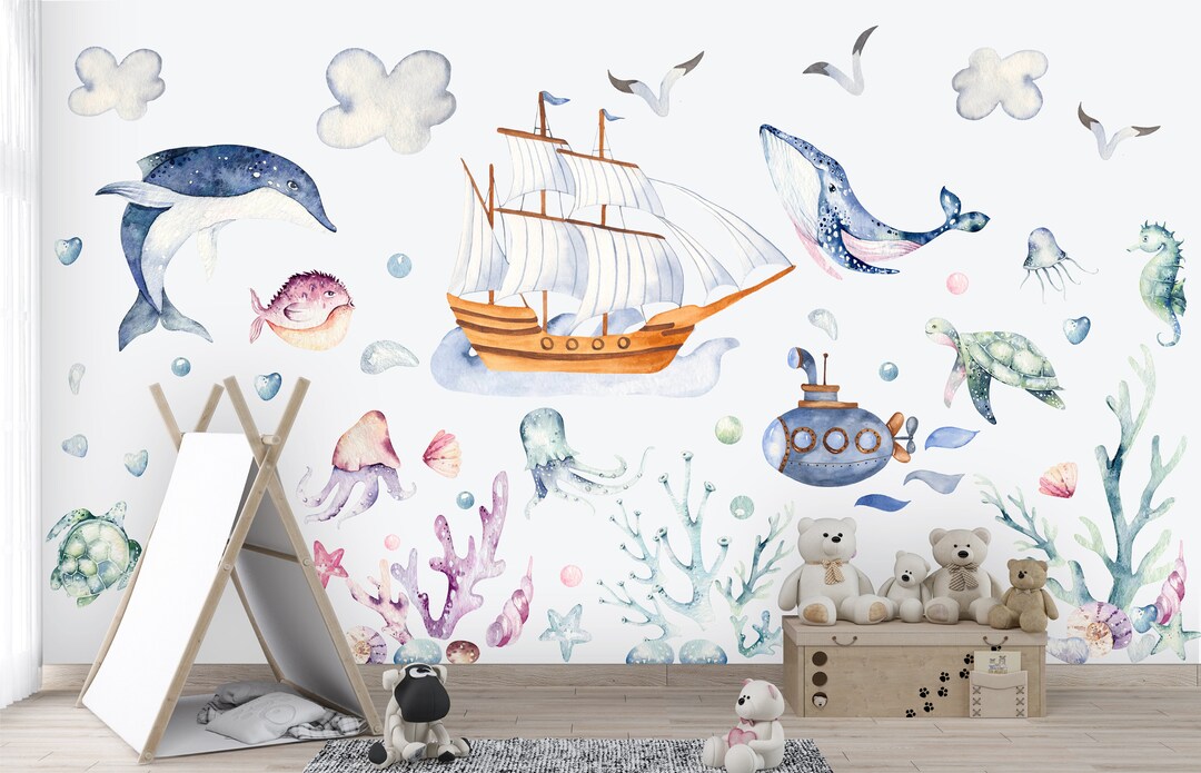 Wall Decal Sea World, Ships, Submarine, Giant Wall Sticker, Wall Decal ...