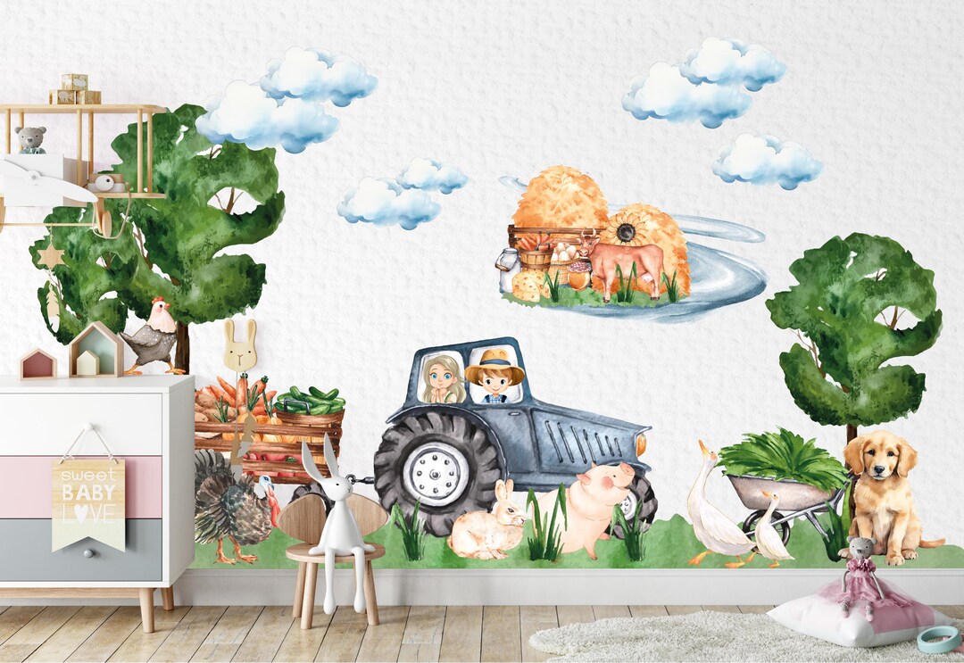 Watercolor Farm Tractor and Animals Wall Decals, Country Life Stickers ...