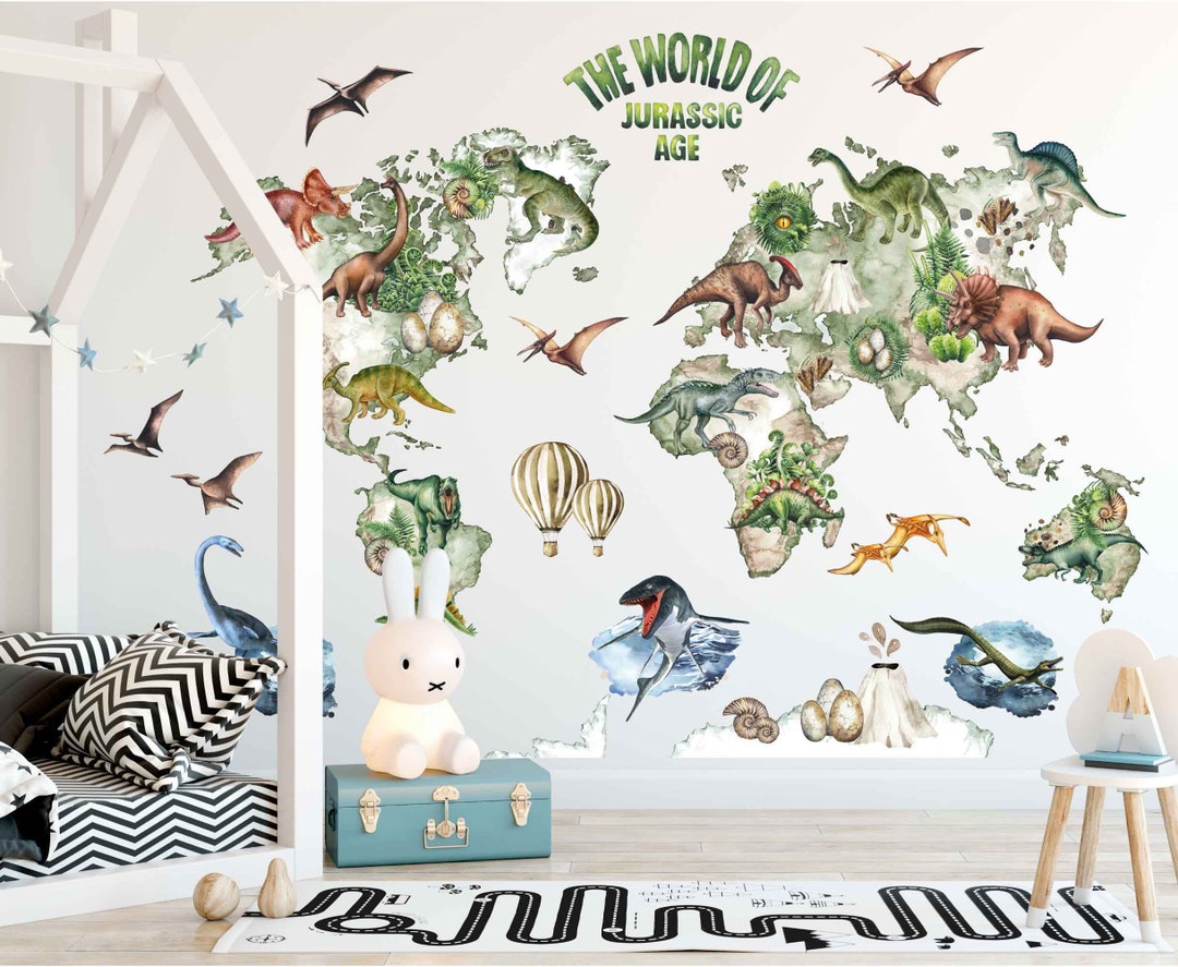 Dinosaurs World Map Wall Decal, Jurassic World Wall Decal, Personalised ...