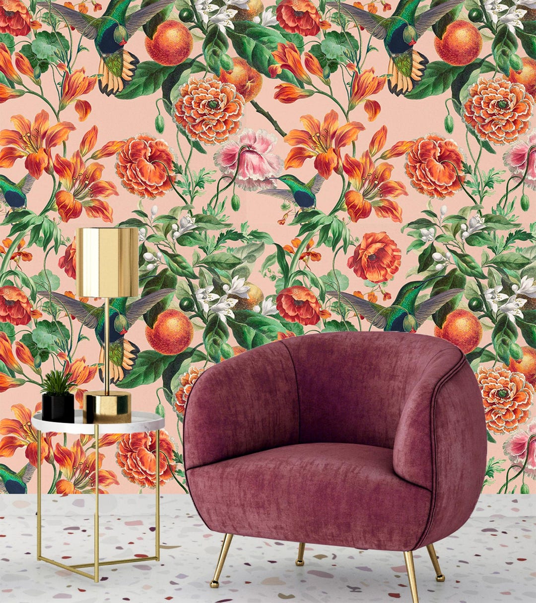 Chinoiserie Floral Wallpaper With Birds and Flowers With Antique Coral ...