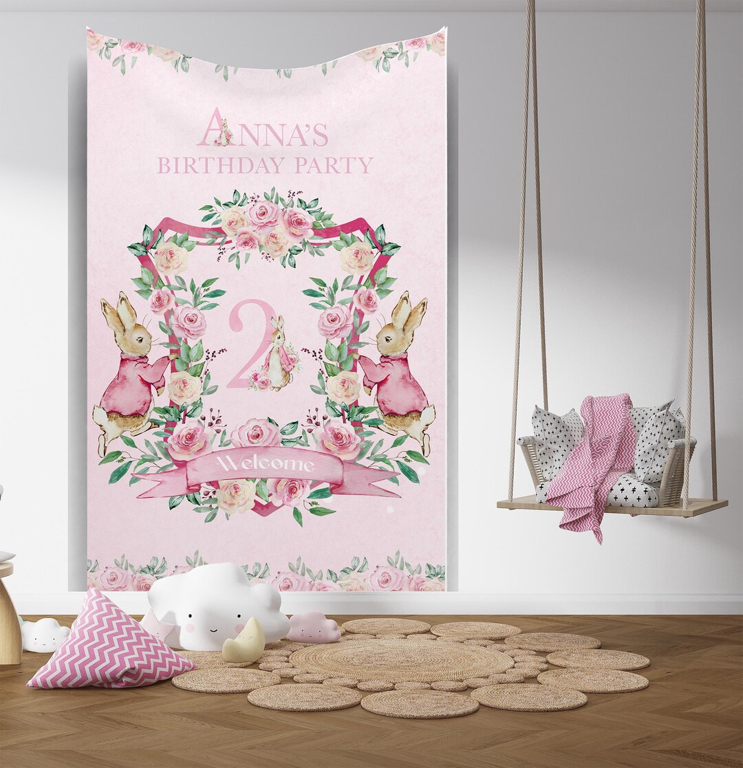 Petr Rabbit Pink Birthday Backdrop for Kids Party, Textile Banner for ...
