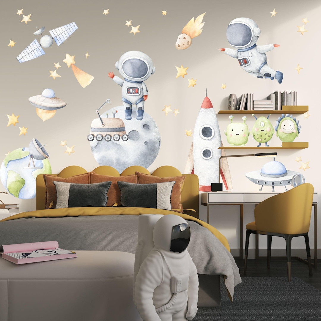 Space Wall Decals With Astronauts, Planets, Satellites, Rocket and Moon ...