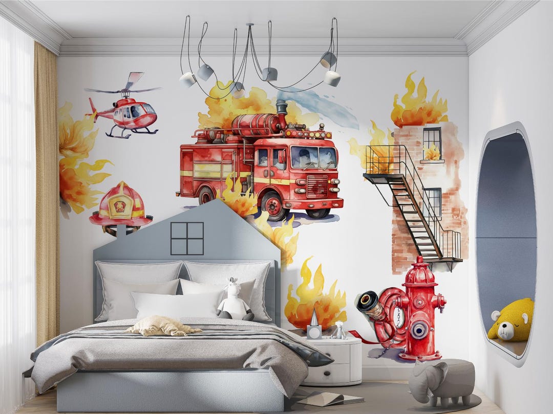 Rescue Fire Engine Wall Decals, Watercolour Truck Fabric Stickers ...