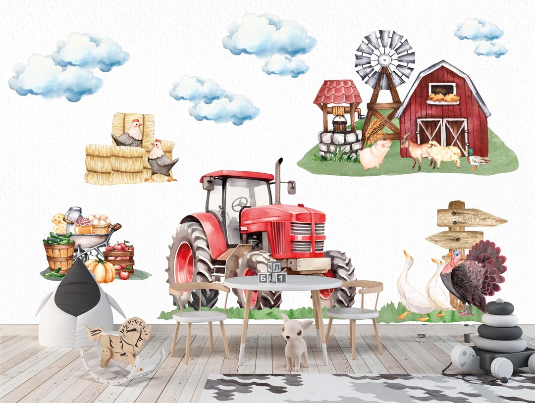Tractor Wall Decal With Pets, Farm Tractor Wall Stickers With Hen Goose ...