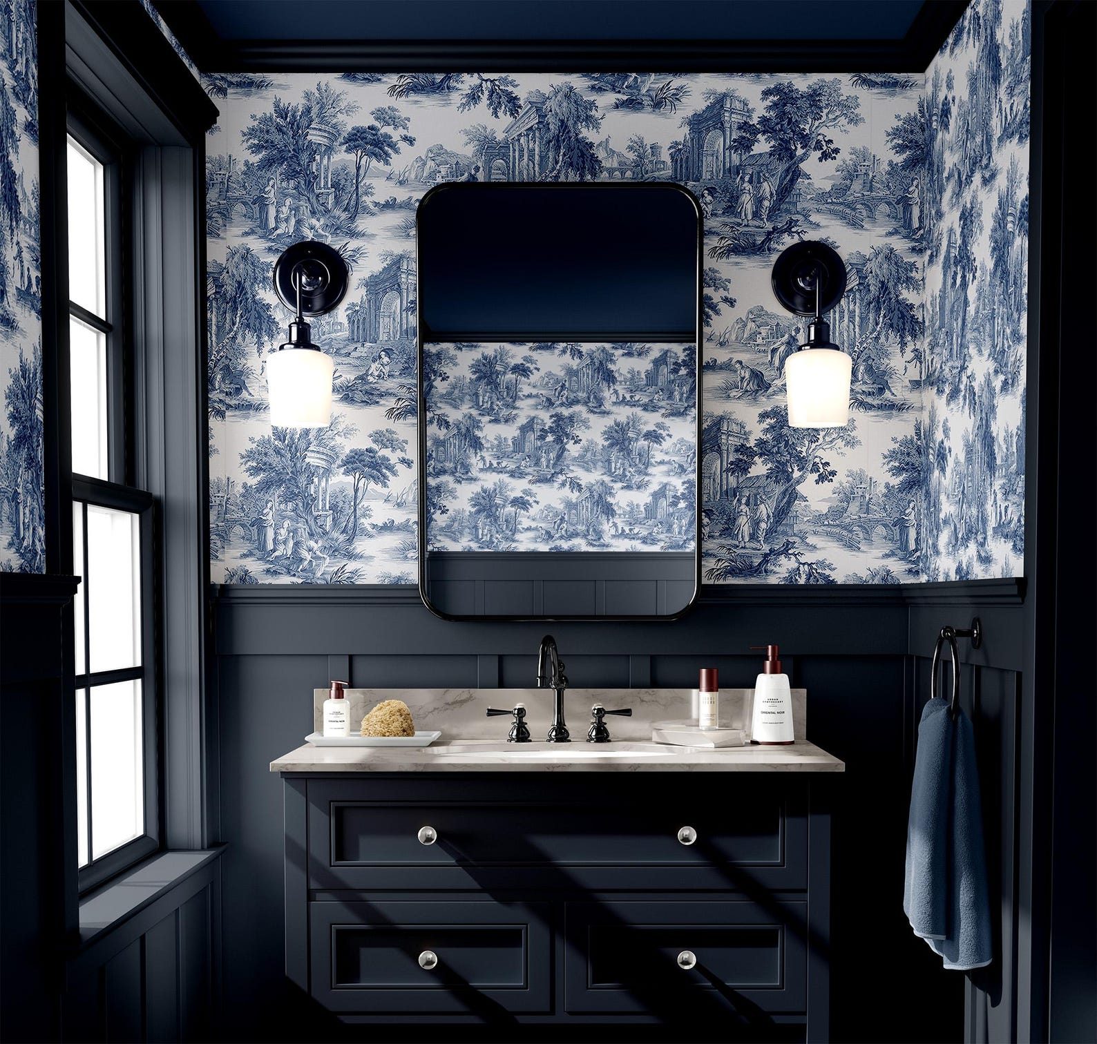 Dark Blue Toile De Jouy Wallpaper | Romantic Peel and Stick Decor - Etsy