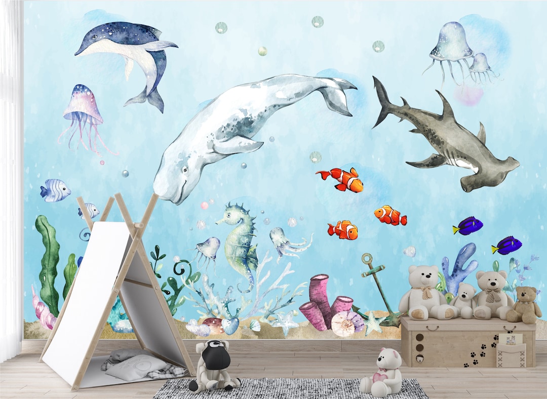 Ocean Wallpaper for Kids, Mural Ocean World for Divers, Fishes, Turtles ...