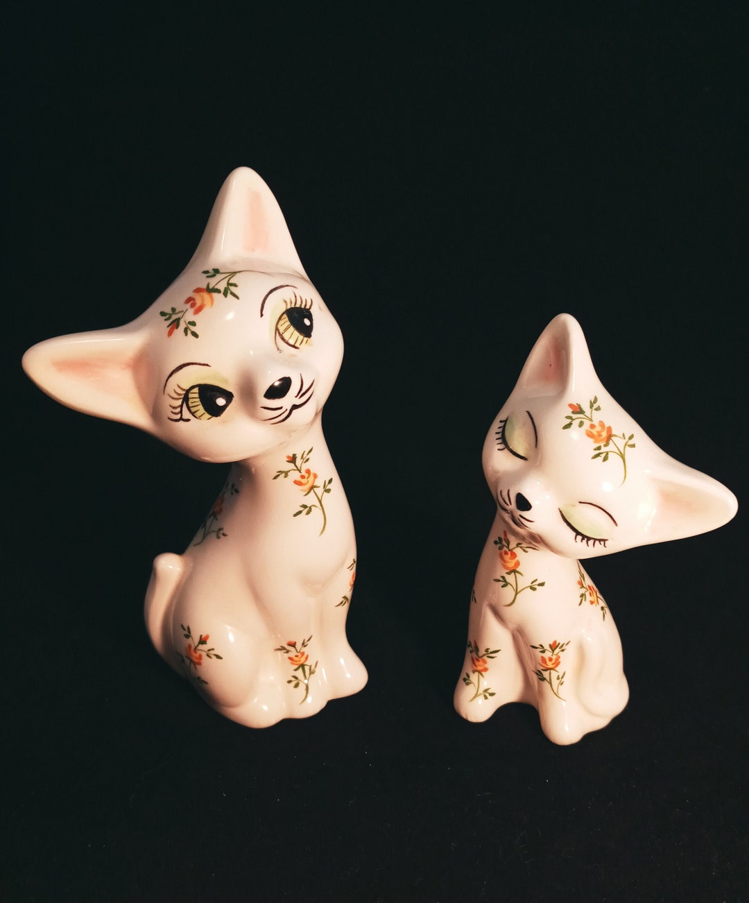Siamese Cats Figurines With Flowers, Ceramic, Hand Painted, Japan - Etsy