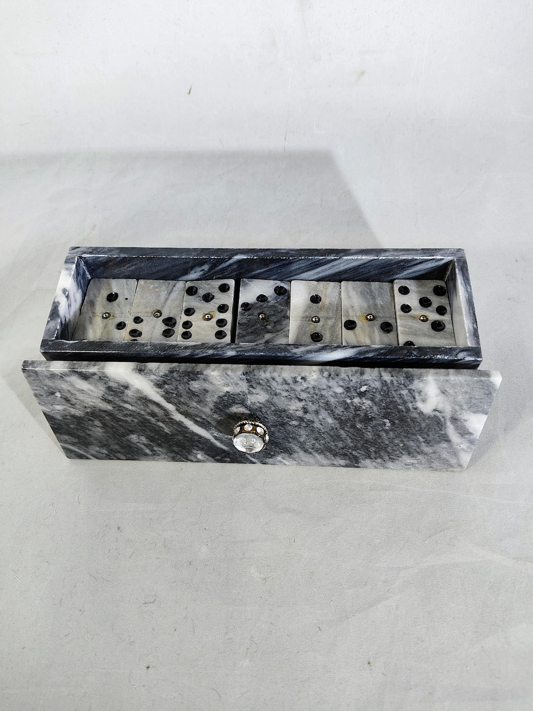 Black and White Swirled Carrara Marble Lidded Domino Set, Set of 28 ...