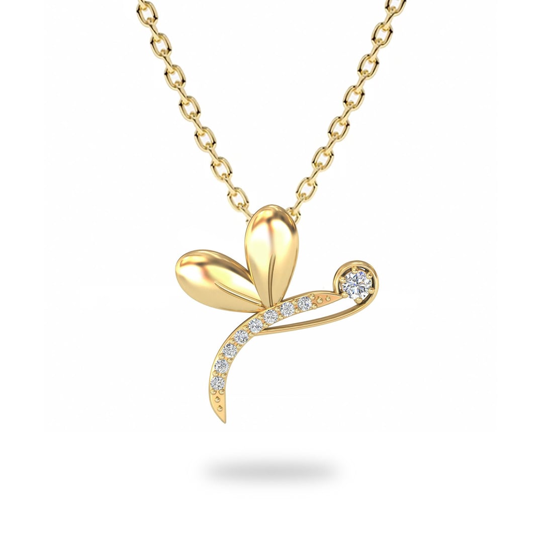 14k Gold Dragonfly Diamond Necklace / Nine Stone Symbol of Dragonfly ...
