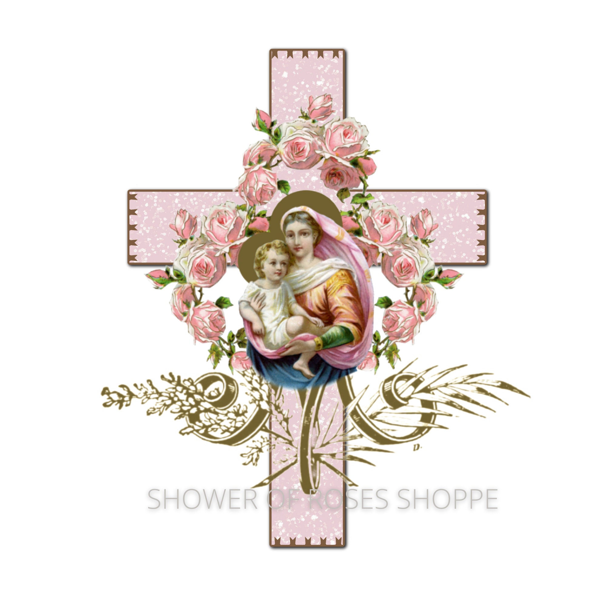 Virgin Mary Jesus Pink Roses Cross Digital INSTANT Download Catholic ...