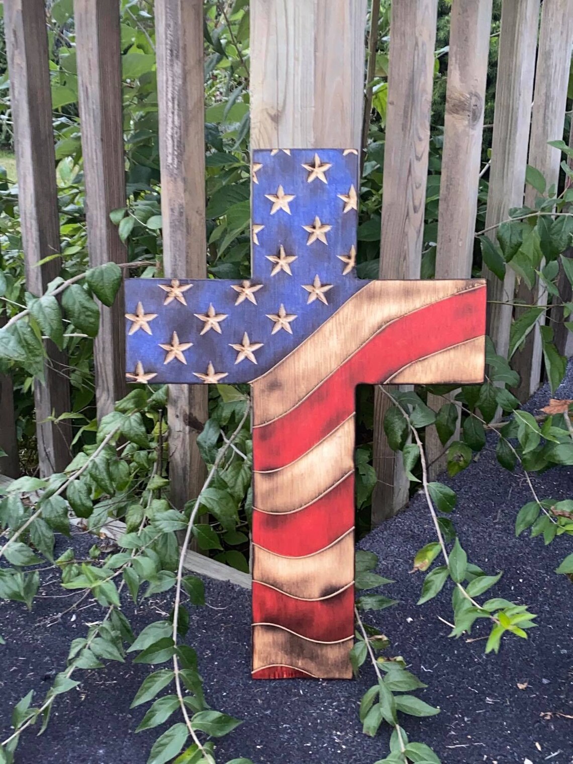 Carved Wooden American Flag Cross – Customizable Patriotic Wall Art in ...