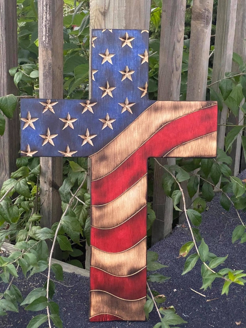 Carved Wooden American Flag Cross – Customizable Patriotic Wall Art in ...