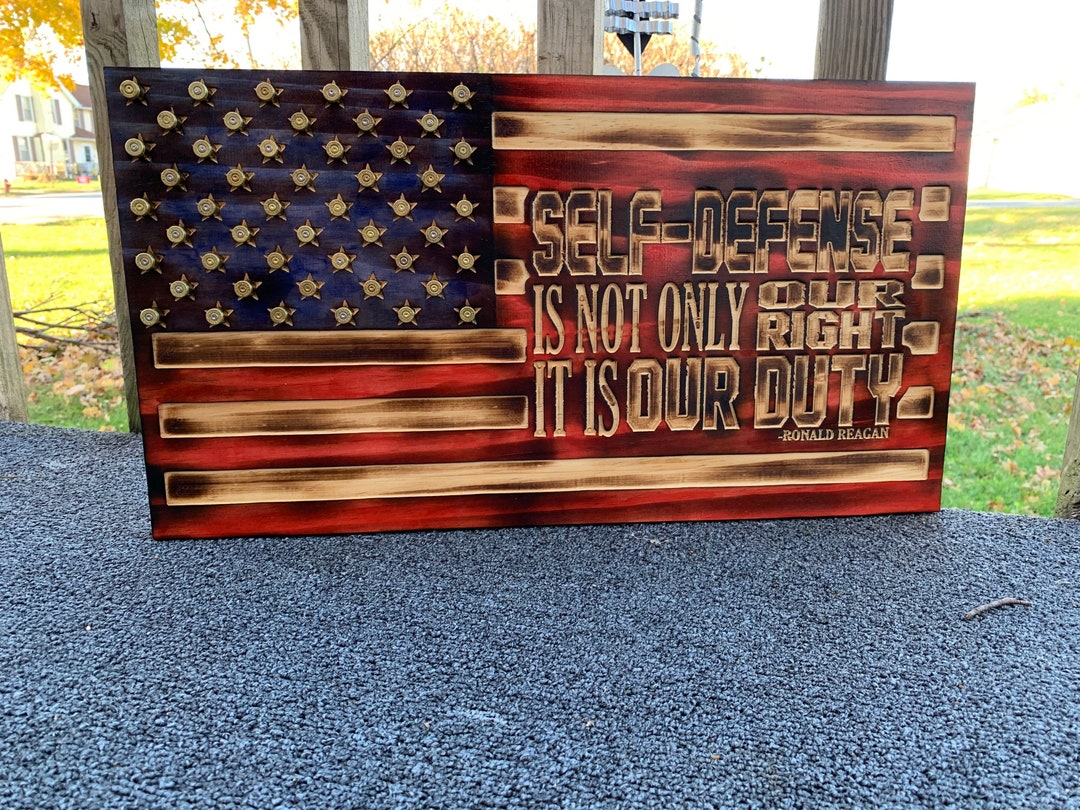 Self Defense FAKE Bullet Casing Rustic American Flag, Burnt Red White ...