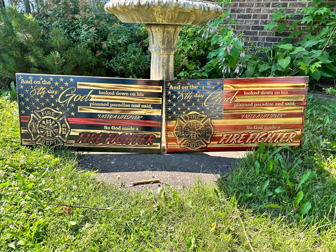 So God Made a Fireman, Firefighter, Fire Engine Carved Rustic American ...
