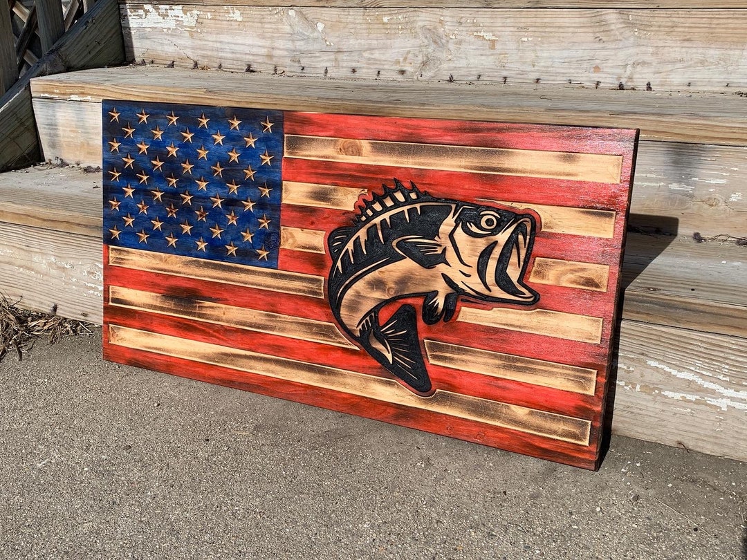 Bass Fish Carved Flag. Other Animals Available. Custom Carved Rustic ...