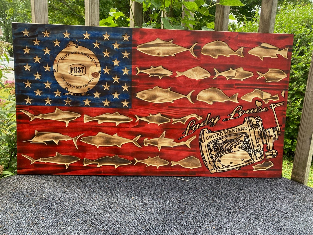 Fishing Angler Rustic American Flag. Carved High Detail - Etsy