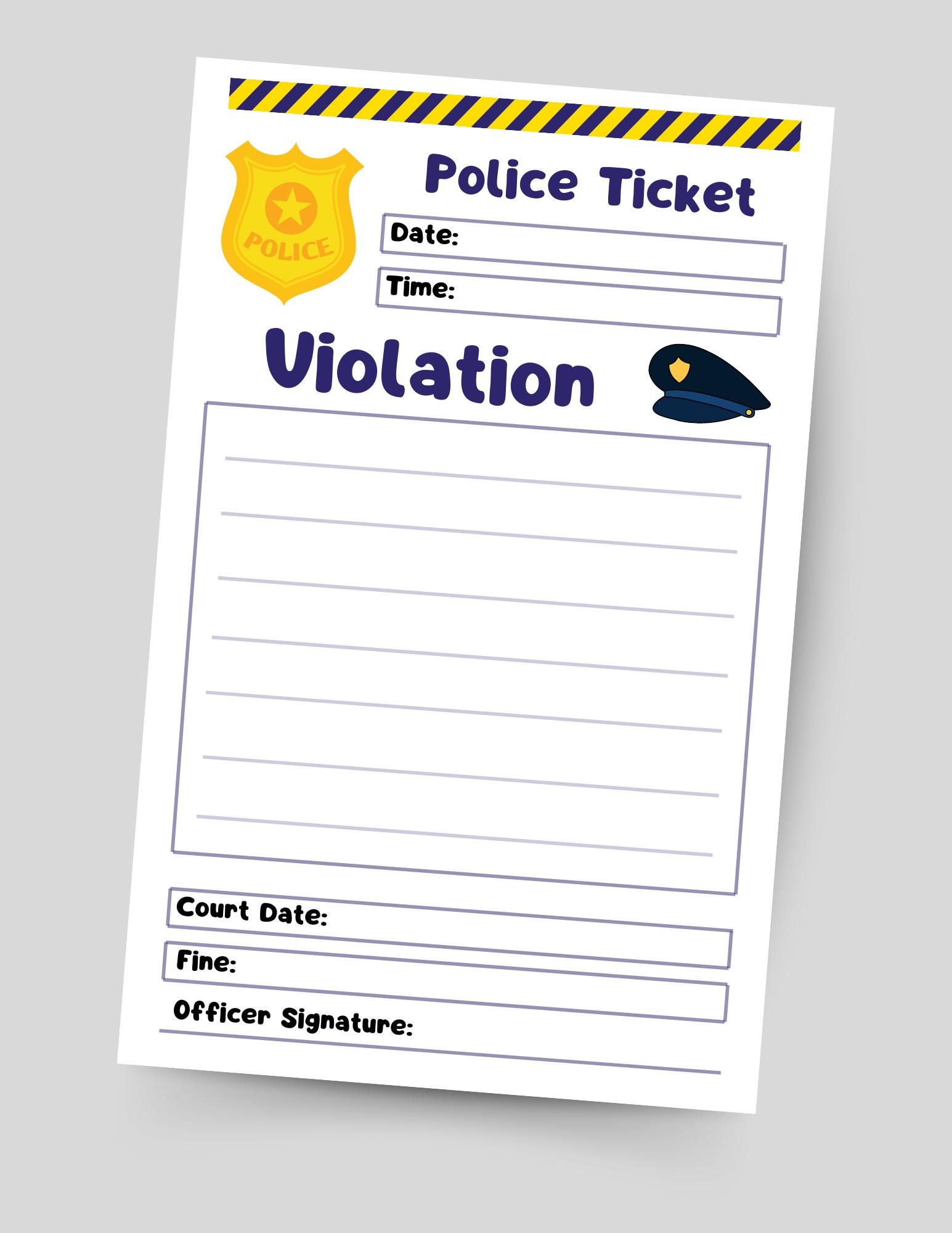 Printable Kids Pretend Playsheets - Police Ticket and Menu Order Form ...