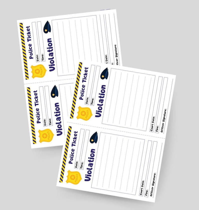 Printable Kids Pretend Playtime Police Tickets - PDF - 2 to a 8.5" X 11 ...