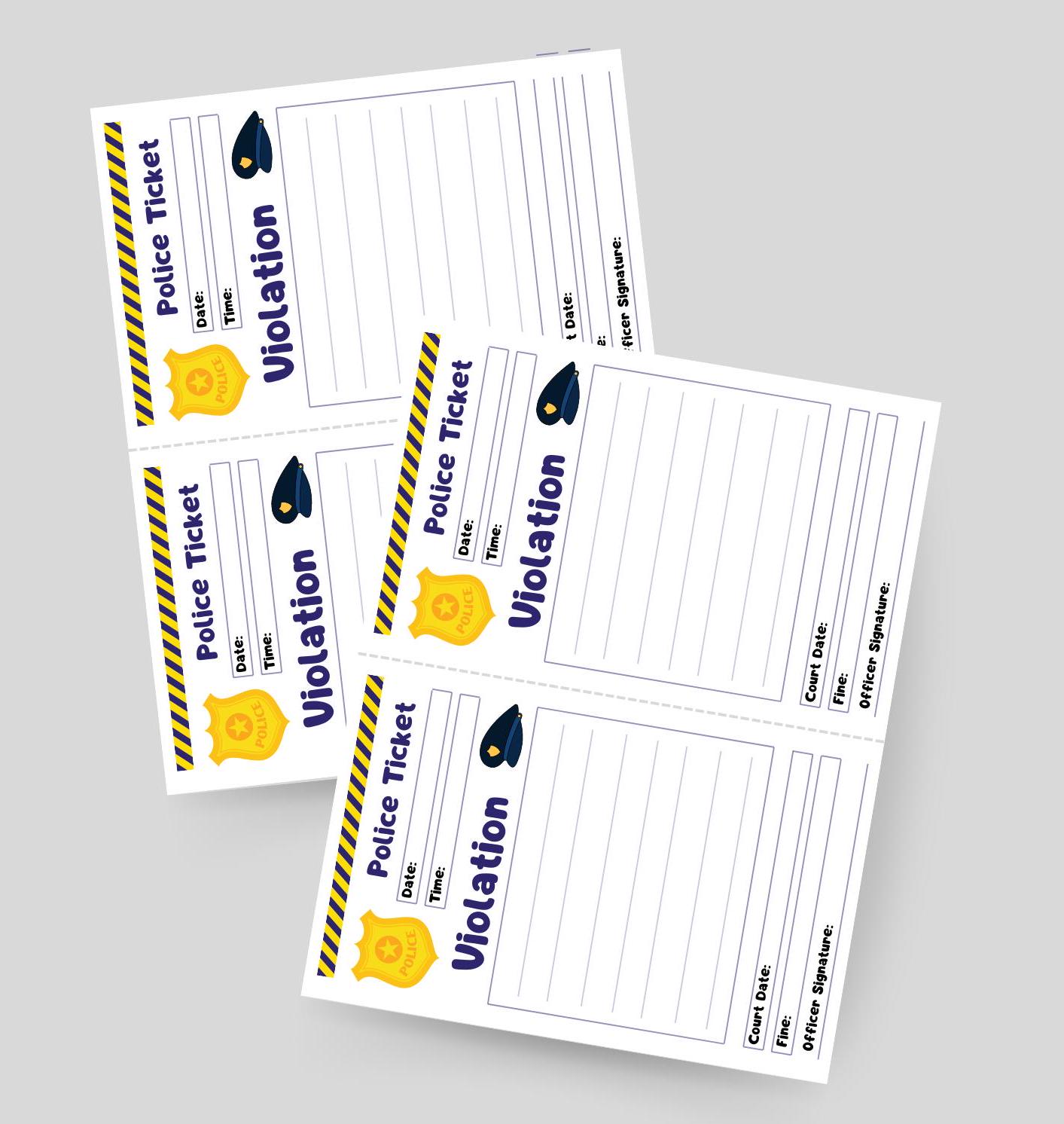 Printable Kids Pretend Playtime Police Tickets - PDF - 2 to a 8.5" X 11 ...