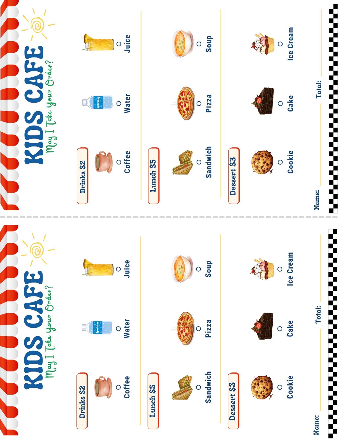 Printable Kids Pretend Play Menu Order Form - 2 per Page PDF 8.5"x11 ...