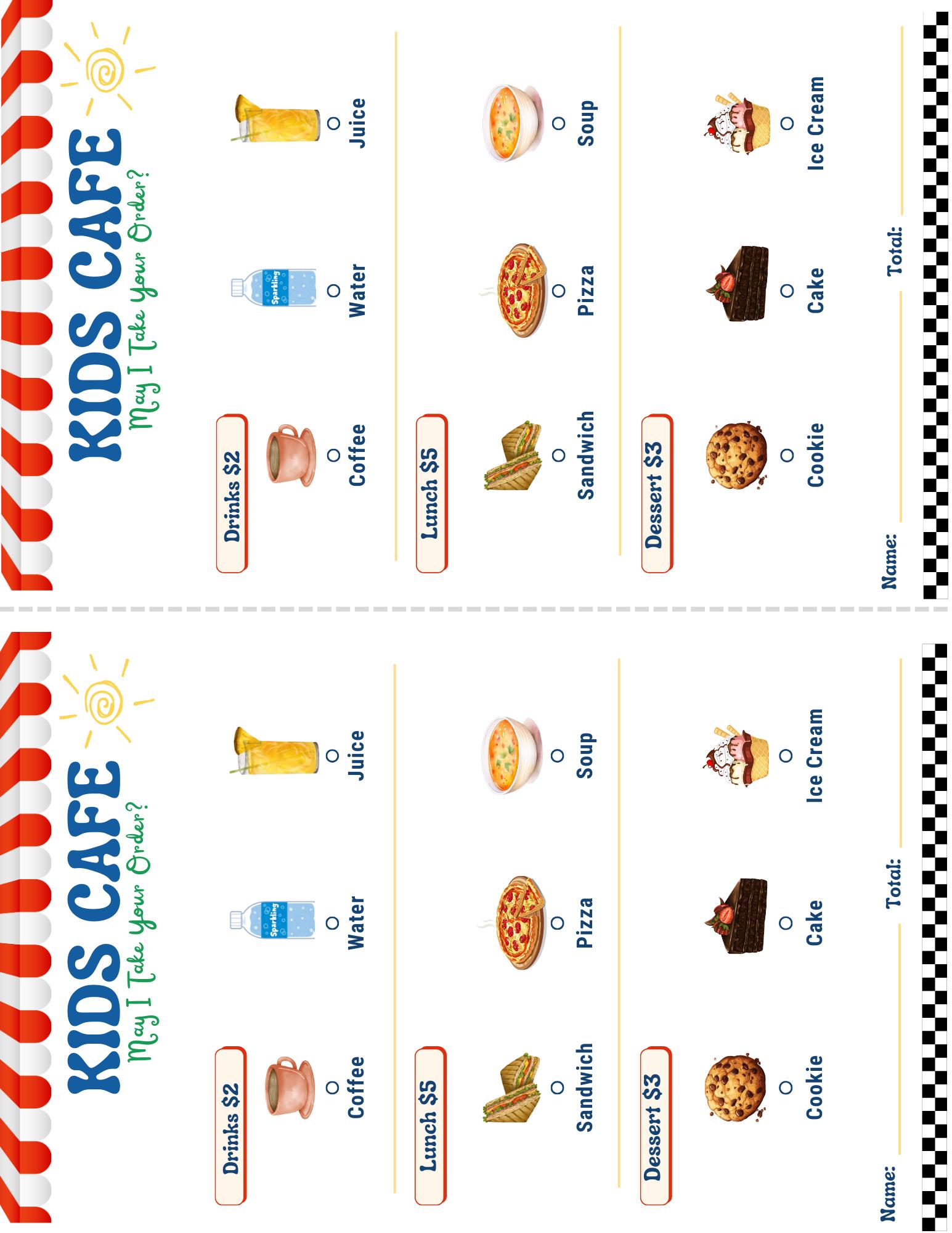 Printable Kids Pretend Play Menu Order Form - 2 per Page PDF 8.5"x11 ...