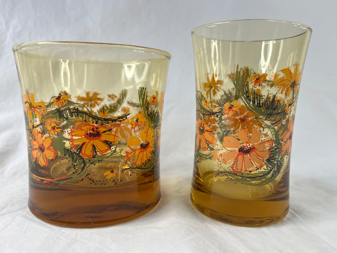 Libby Amber Retro Orange Daisy Flower Rocks and Juice Glasses - Etsy