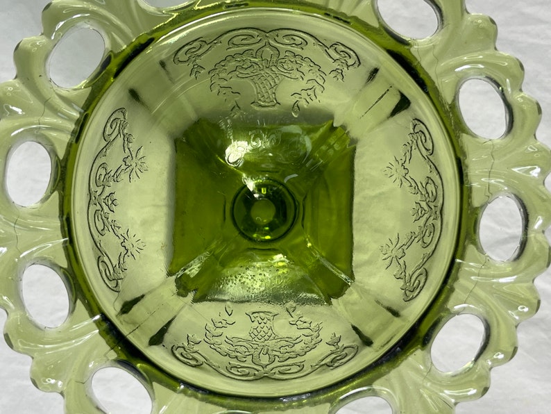 Vintage 1920s Indianna Glass Avocado Green Lorain Flower Pattern Square ...