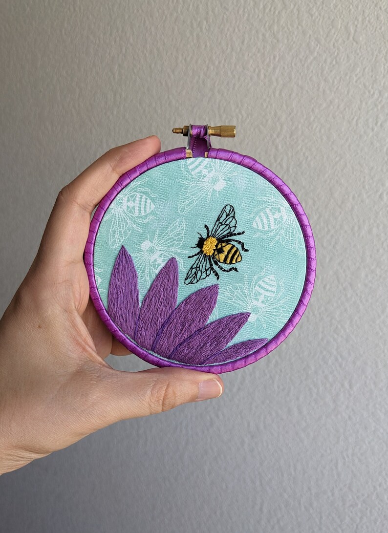 Bee and Flower Embroidery Hoop Art Piece - Finished One-of-a-kind Hand ...