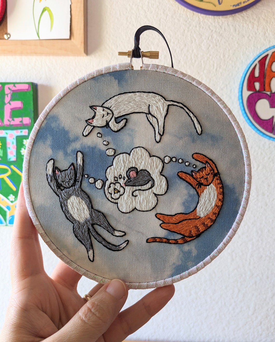Cat Dreams - 6 Inch Embroidery Hoop Art Piece - One-of-a-kind Original ...