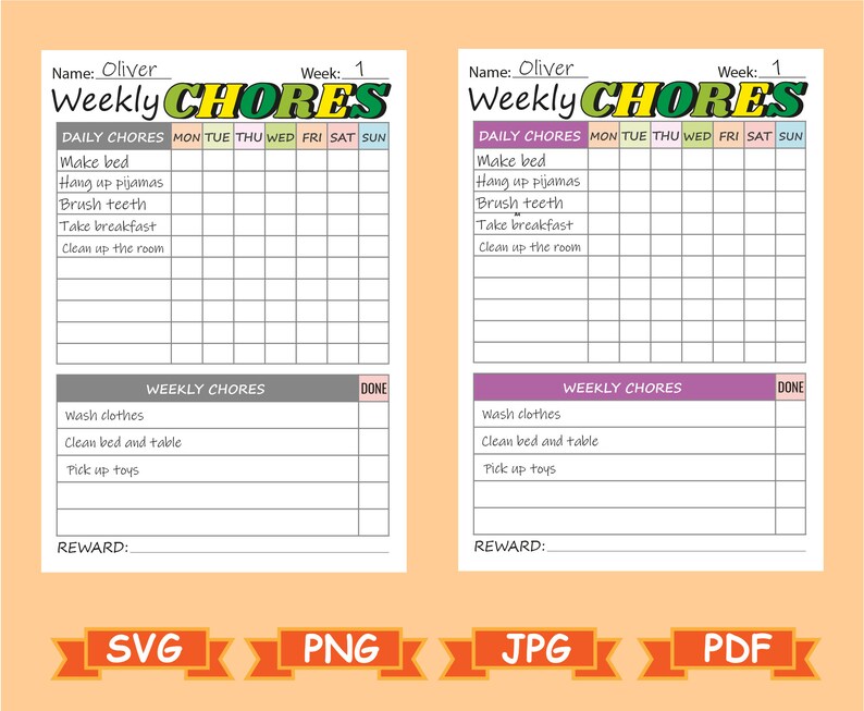 Weekly Kids Chore Responsibility Chart PDF, Weekly Chore Chart Kids ...