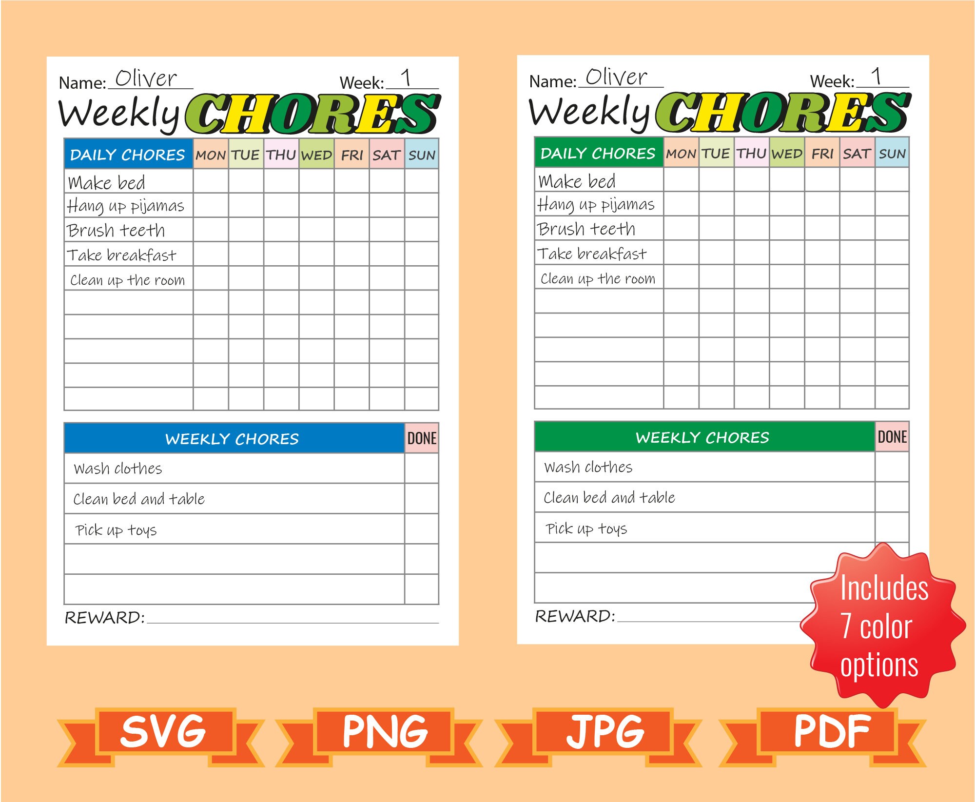 Weekly Kids Chore Responsibility Chart PDF, Weekly Chore Chart Kids ...