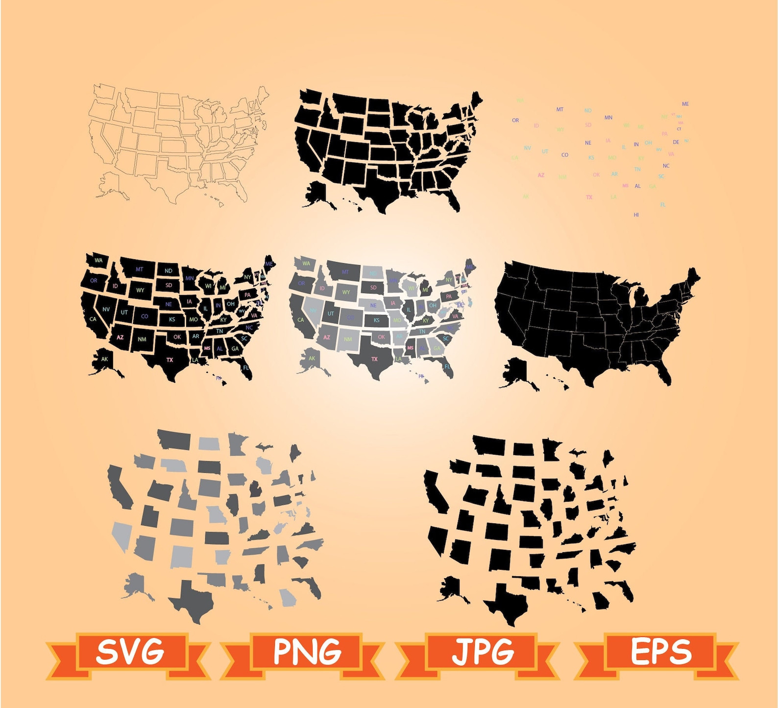 50 States Svg, USA Map Svg, USA Svg, United States Svg, America Map Svg ...