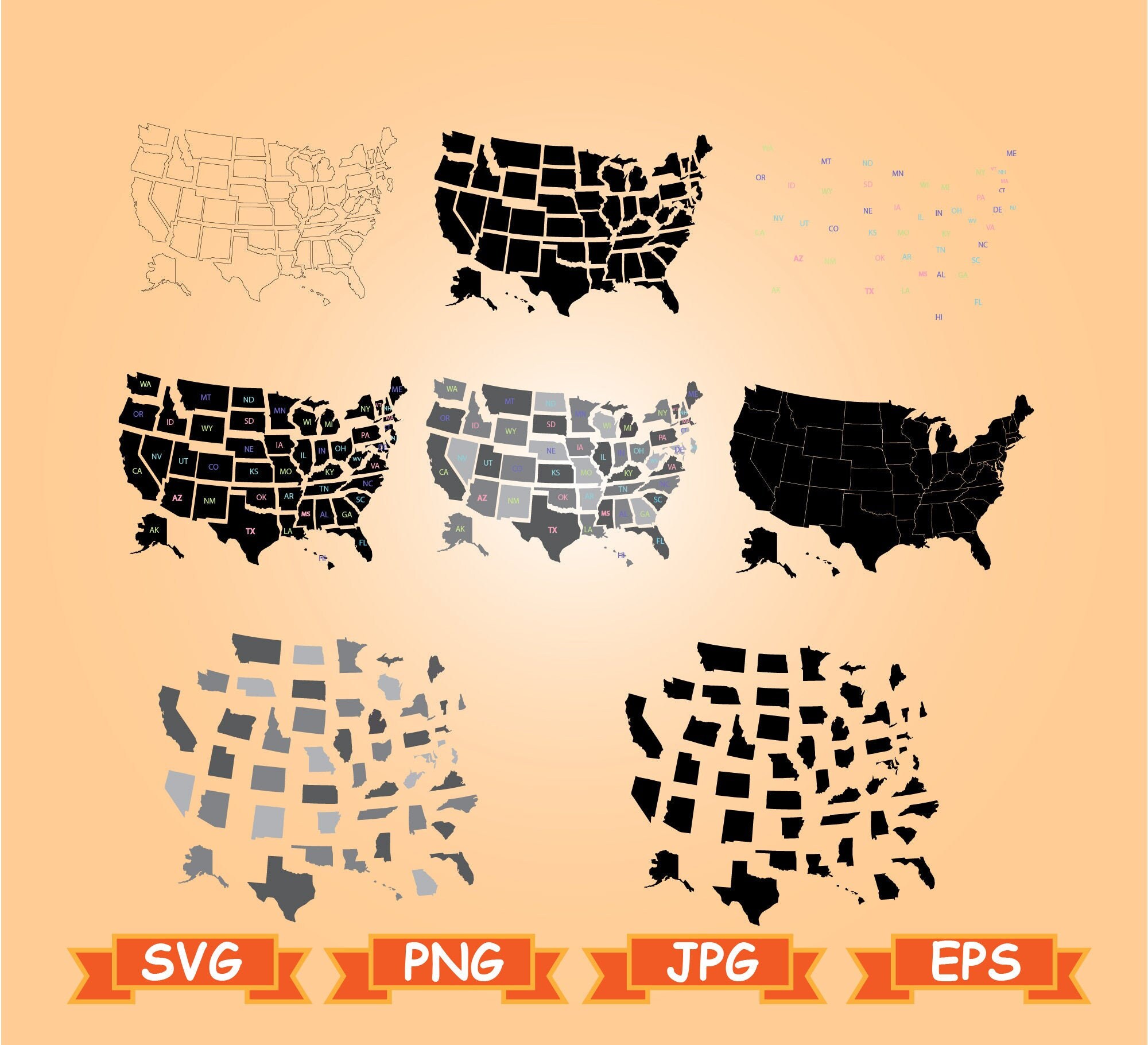 50 States Svg, USA Map Svg, USA Svg, United States Svg, America Map Svg ...