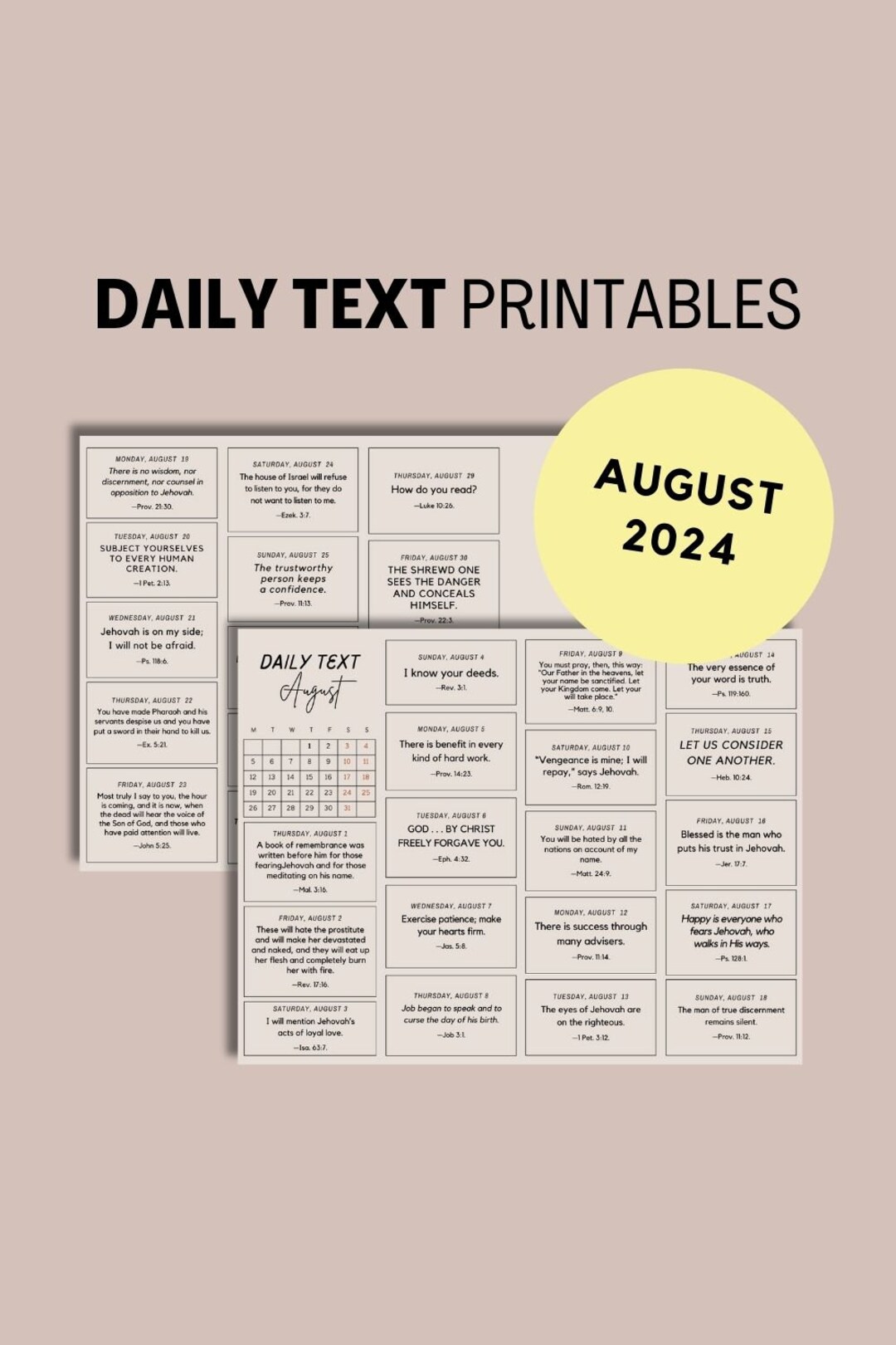 JW Daily Text Printables for August 2024 for Jehovah's Witnesses, Jw ...
