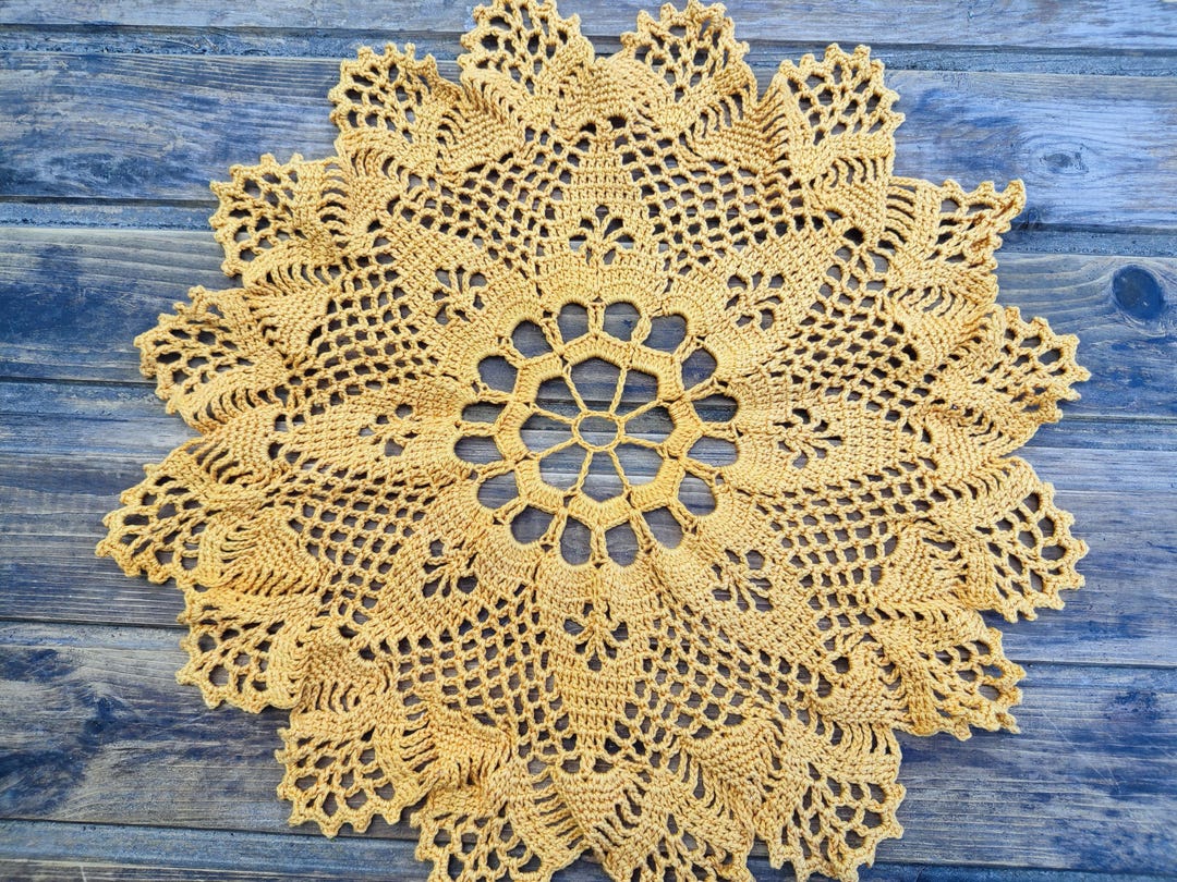 90s Vintage Mustard Large Round Lace Doily Crochet Handmade. Diameter ...