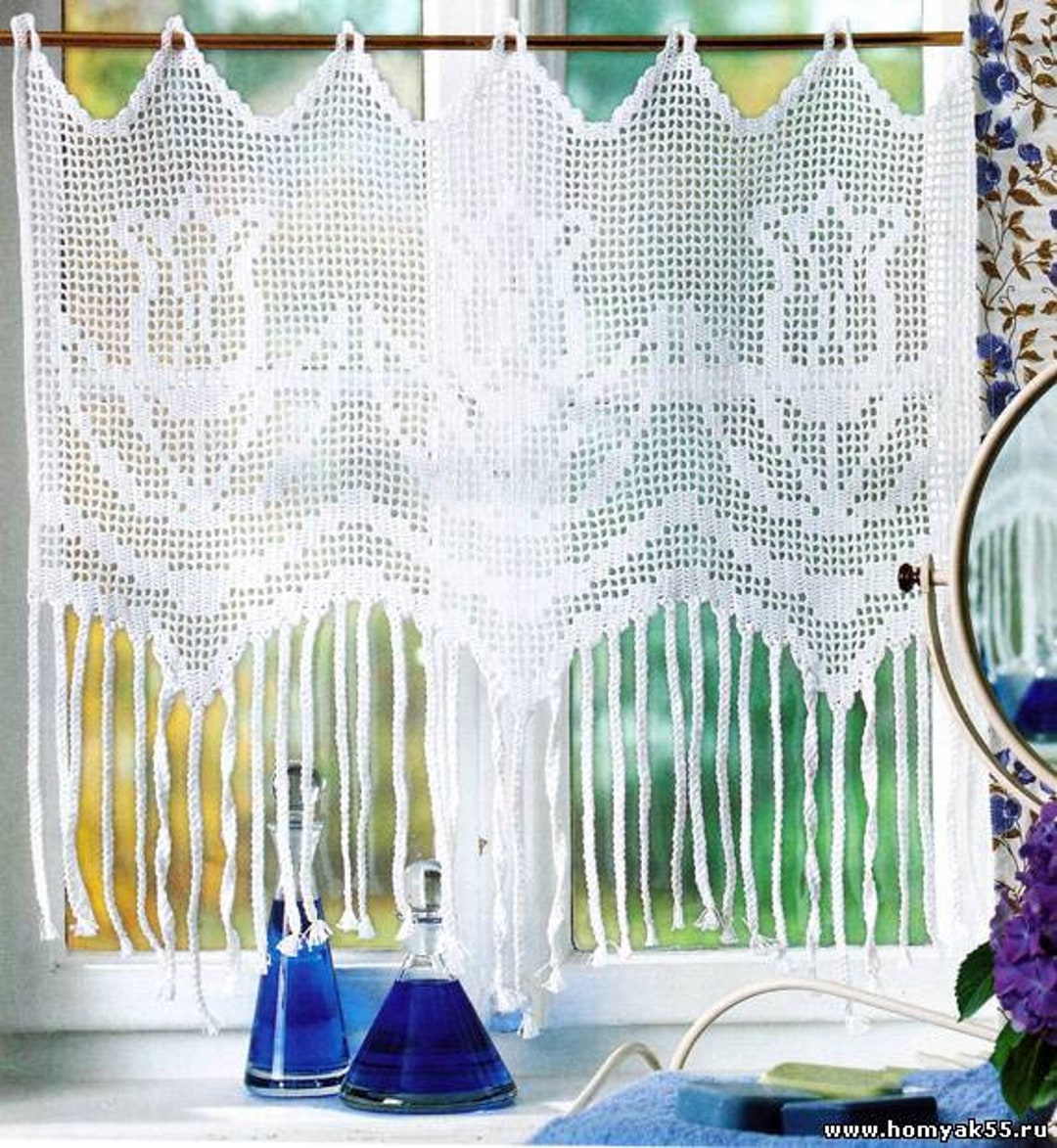 Vintage Pattern Crochet Filet Kitchen Curtain Tulips Pattern. Any Size ...