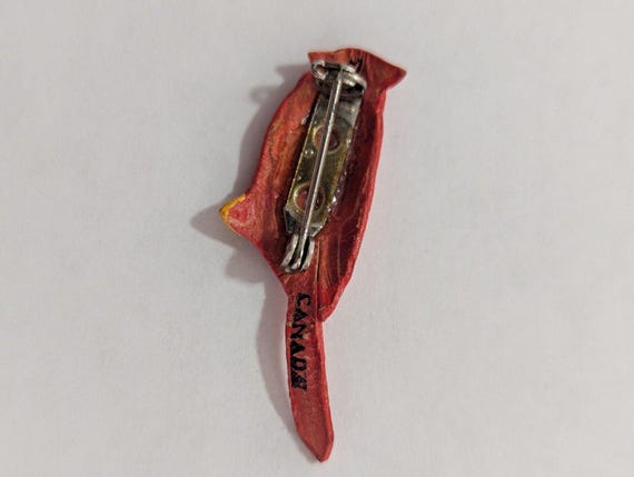 Tiny red Cardinal bird pin paper mache? marked Canada - Gem