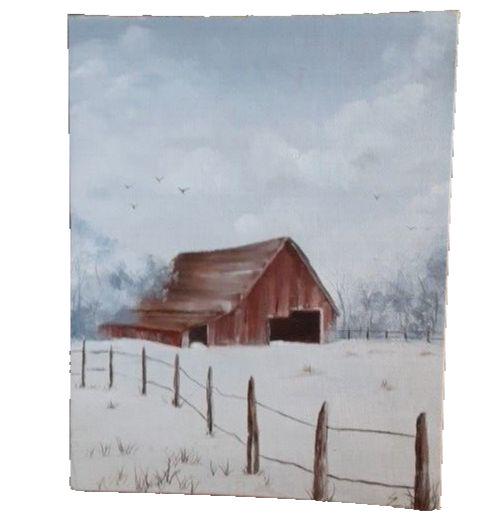Original Primitive Oil? Landscape Painting 14X11 Red Barn Winter ...