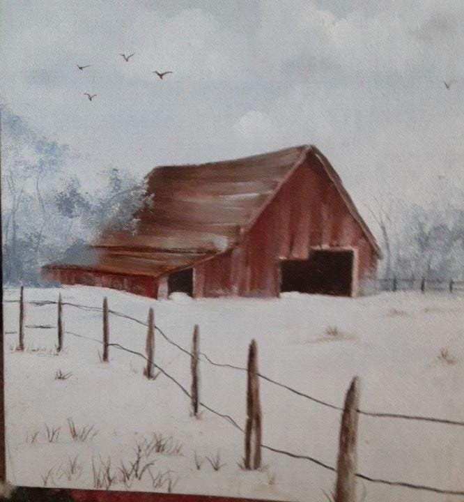 Original Primitive Oil? Landscape Painting 14X11 Red Barn Winter ...