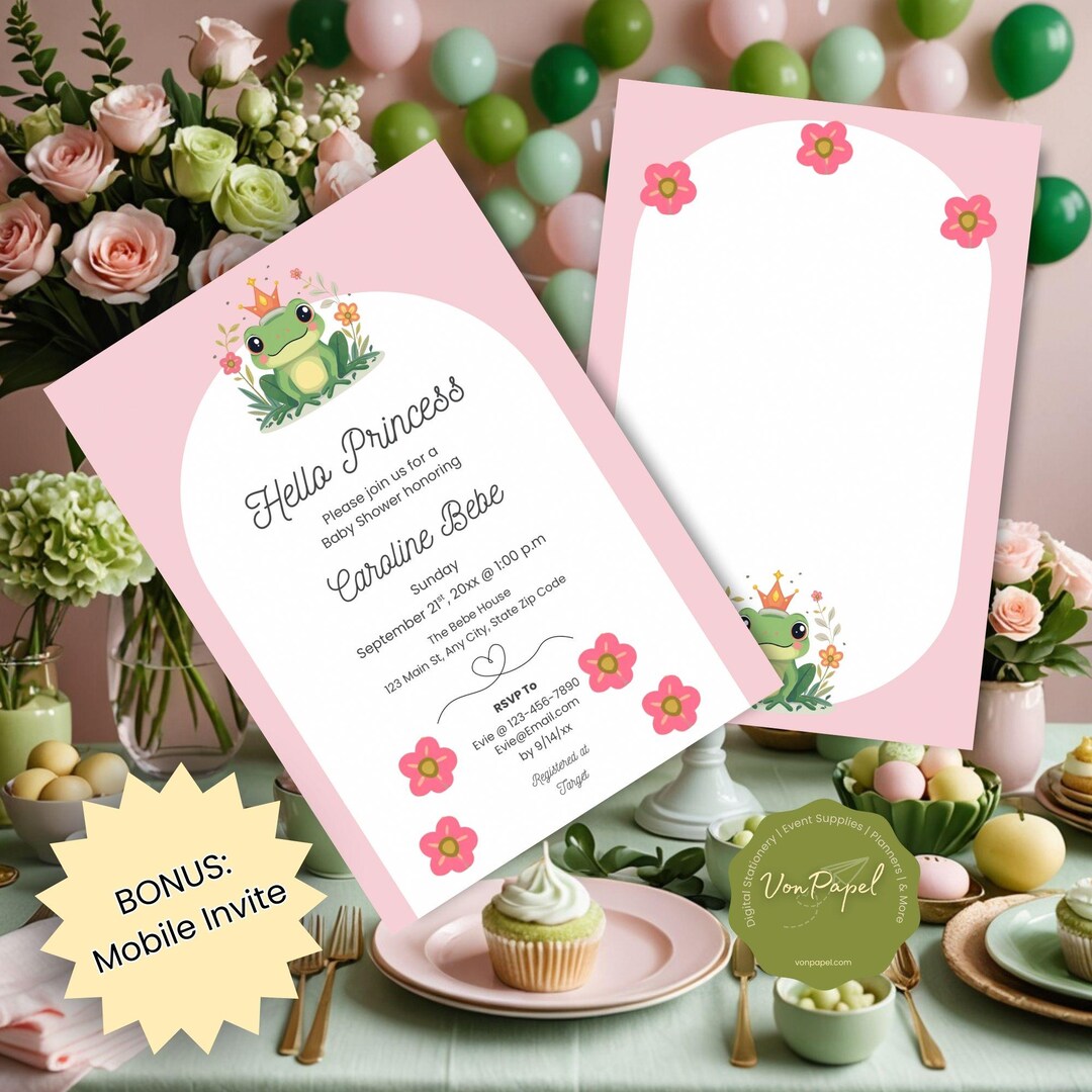 Princess Frog Baby Shower Invitation Girl Pink Floral Canva Editable ...