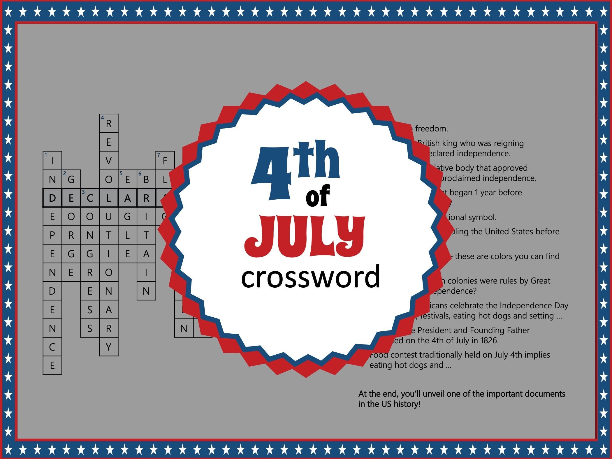 4th July Printable Game — Crossword Puzzle — Perfect for Independence ...