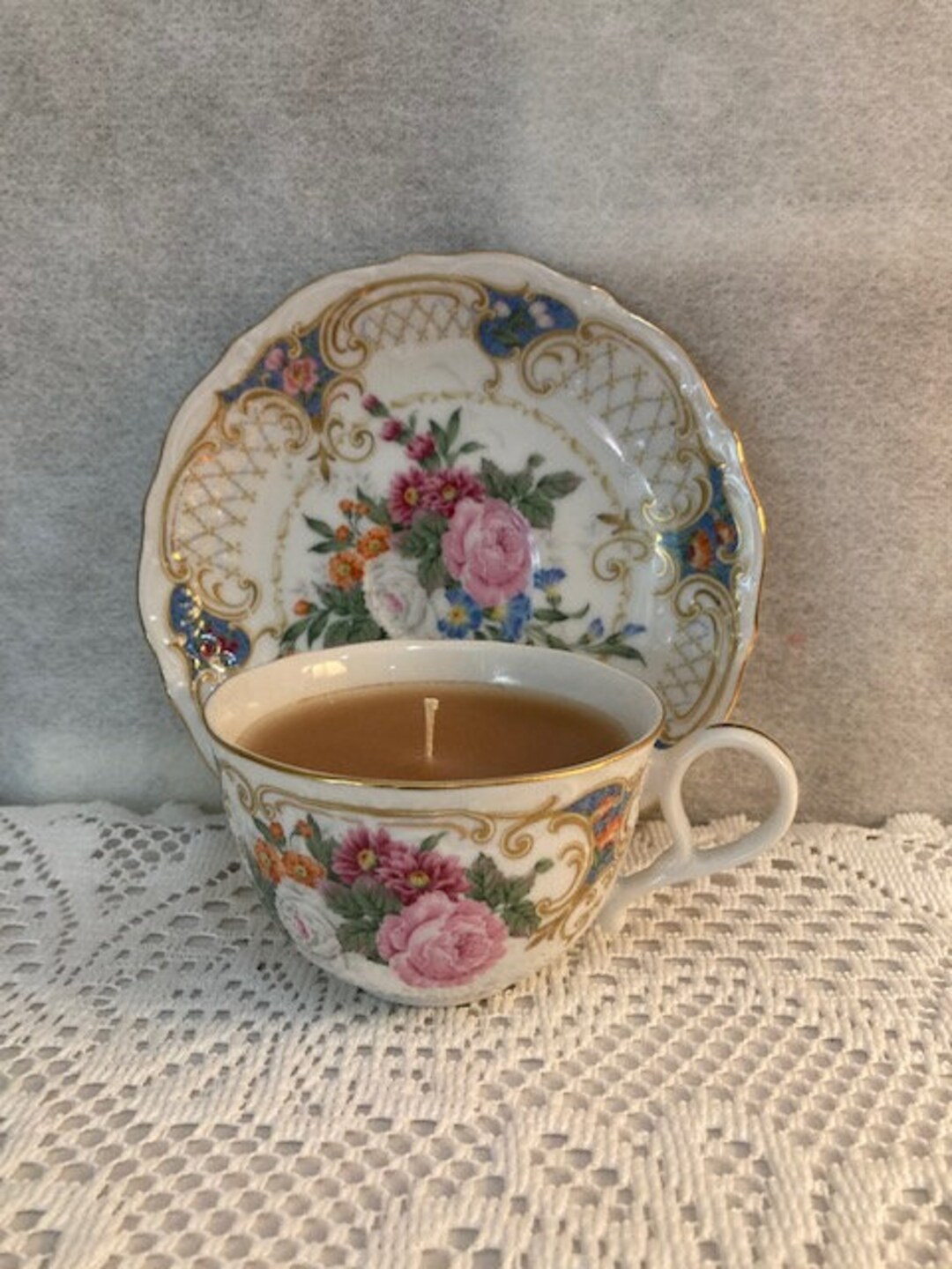 Andrea by Sadek Tea Cup & Saucer With Pink - White Roses/candle - Etsy