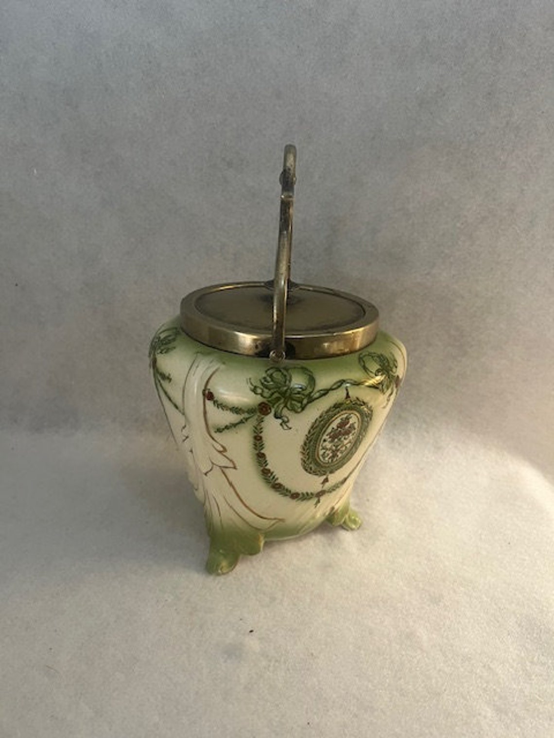 ANTIQUE Handled Crown Devon Green Biscuit Barrel S F & C Stoke on Trent ...