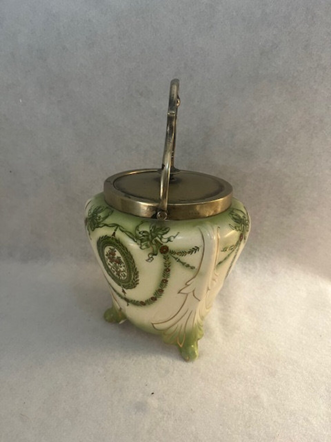 ANTIQUE Handled Crown Devon Green Biscuit Barrel S F & C Stoke on Trent ...
