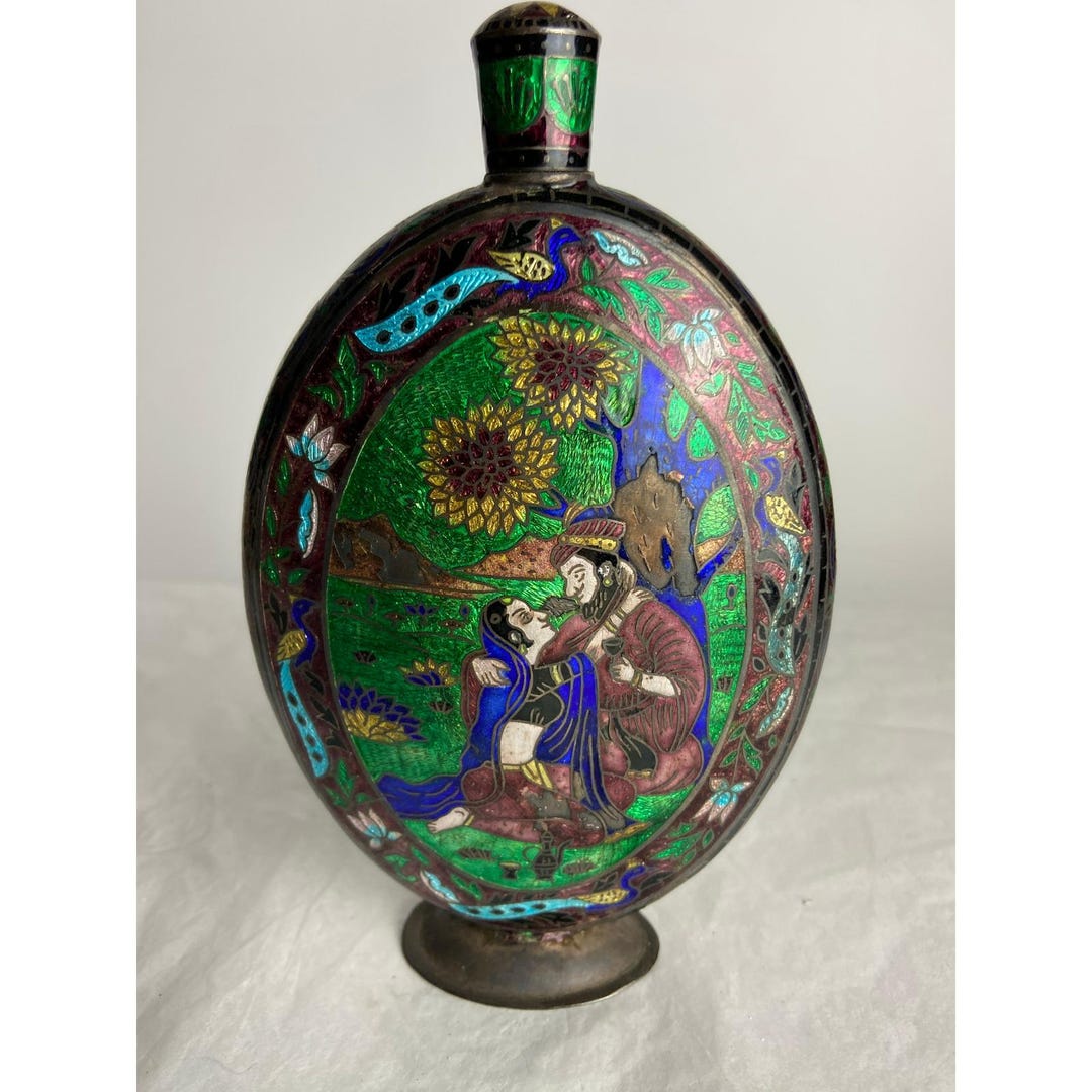 Vintage Cloisonne Enamel Perfume Bottle Asian Orientalist Scene Floral ...