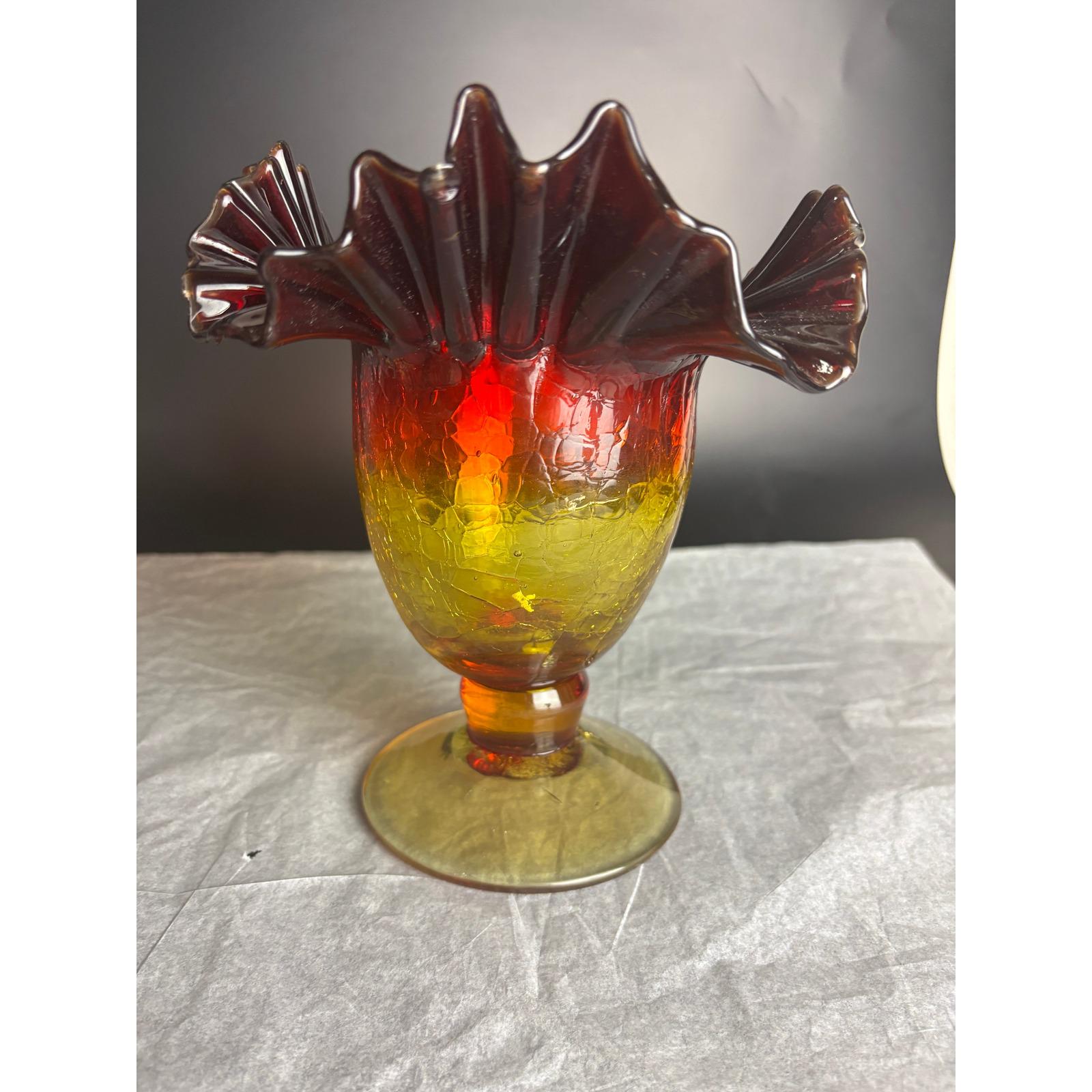 Vintage Blenko Amberina Crackle Glass Vase Ruffled Edge Pedestal Footed ...