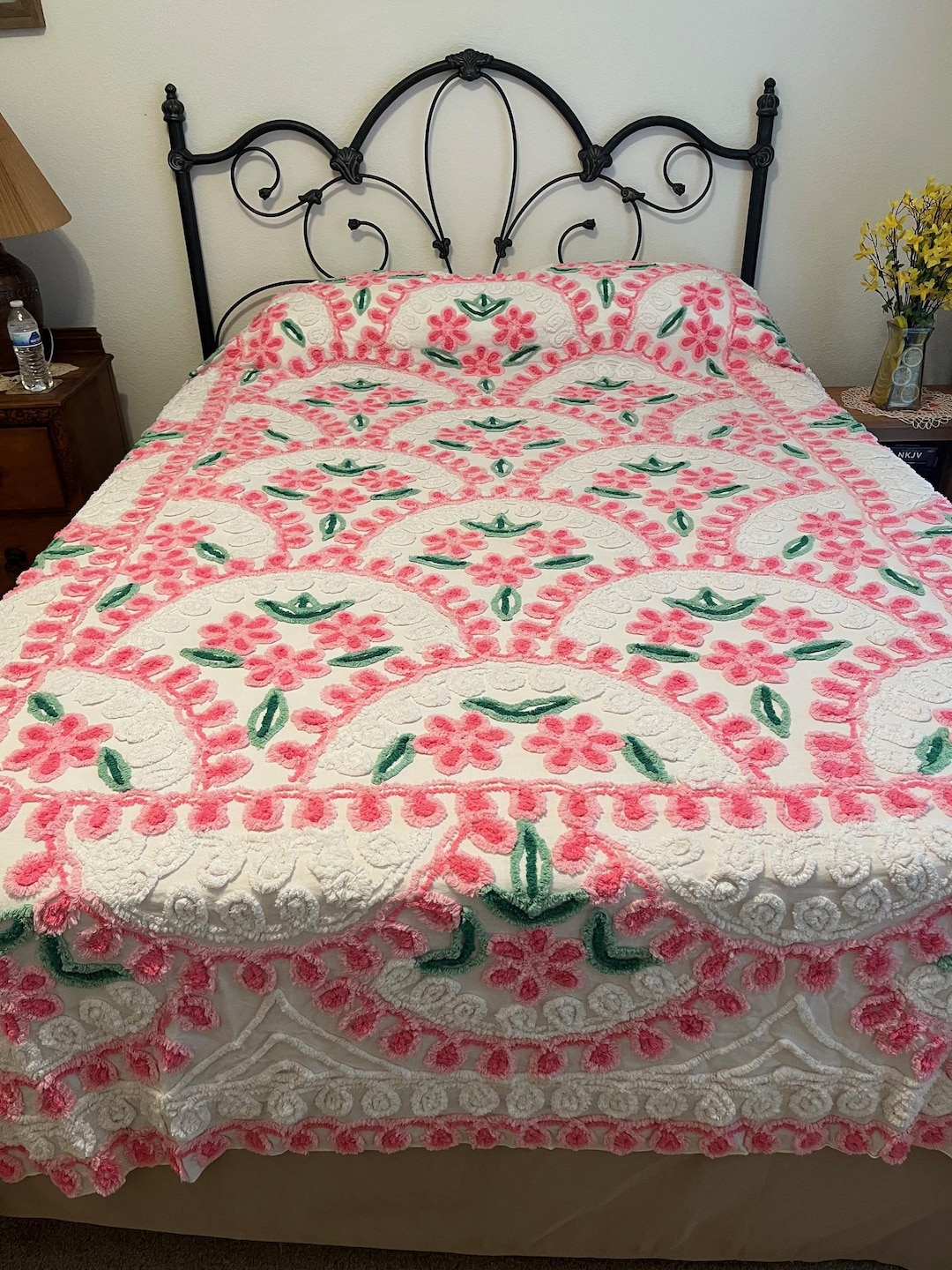 Vintage Chenille Bedspread, Lipstick Pink Flowers on White Background ...