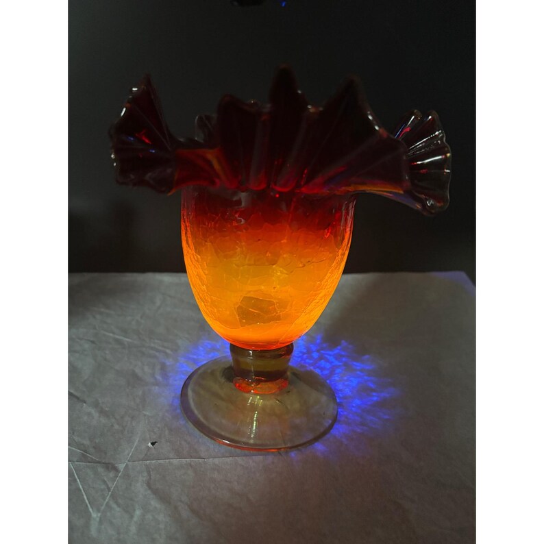 Vintage Blenko Amberina Crackle Glass Vase Ruffled Edge Pedestal Footed ...